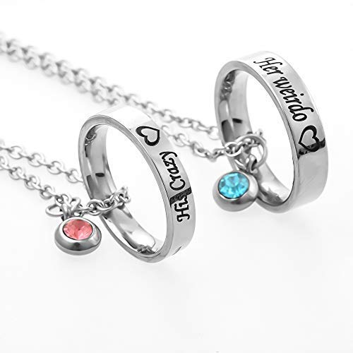 MJartoria Matching Necklaces for Couples, His and Hers Engraved Rhinestone Ring Pendant Necklace Gifts for Boyfriends Girlfriends (Silver, Her Weirdo His Crazy)