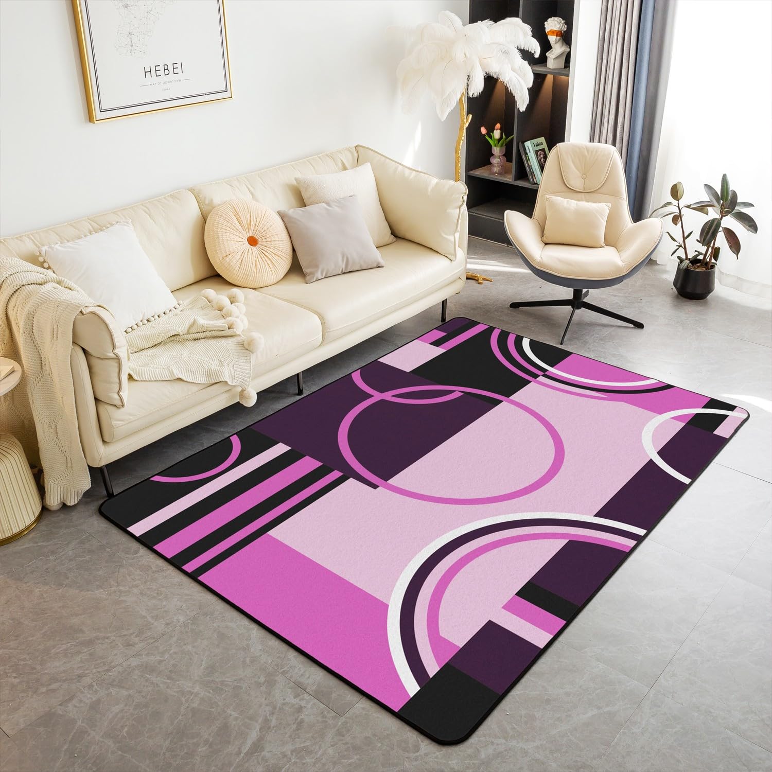 Vintage Swirls Non Slip Rug 5x7, Purple Black Grey Area Rug for Kids Girls Teens, Geometric Circles Square Non Shedding Carpet, Retro Graphic Patchwork Washable Decorative Rug for Home Office Dorm