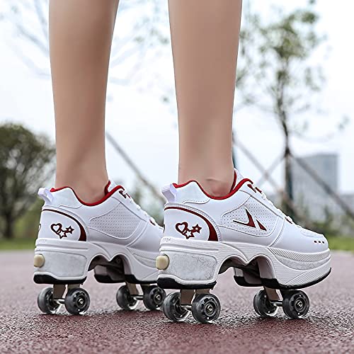 PLMOKN Women's Retractable Roller Skates Outdoor Girls Kick Roller Shoes Men Deformation Sneakers,(???) EU 36/US 5.5,White
