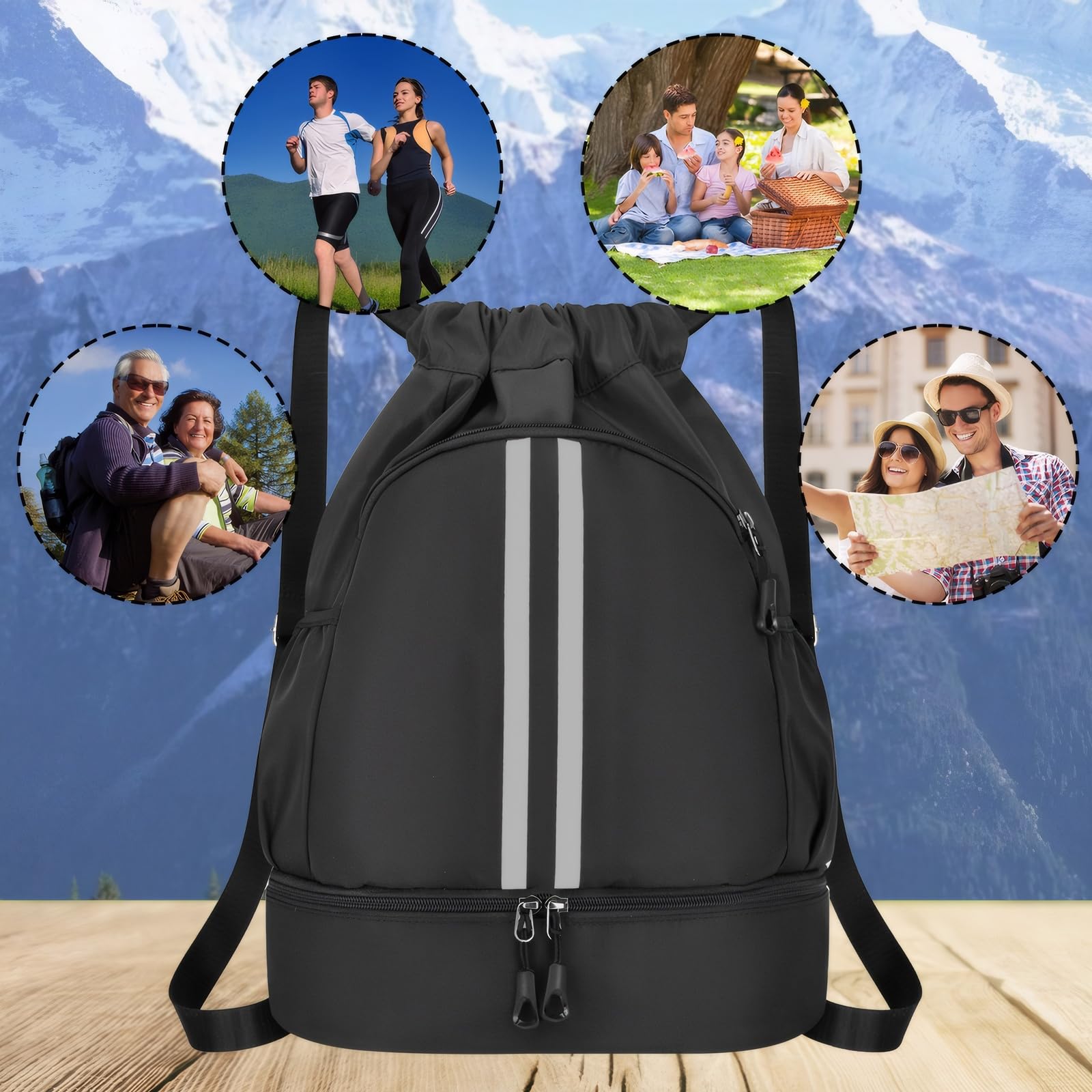 Oziral Drawstring Backpack, Water-Resistant Sports Gym Bag with Shoe Compartment and Two Side Mesh Pockets, String Backpack with Reflective Strip for Men and Women (Grey)