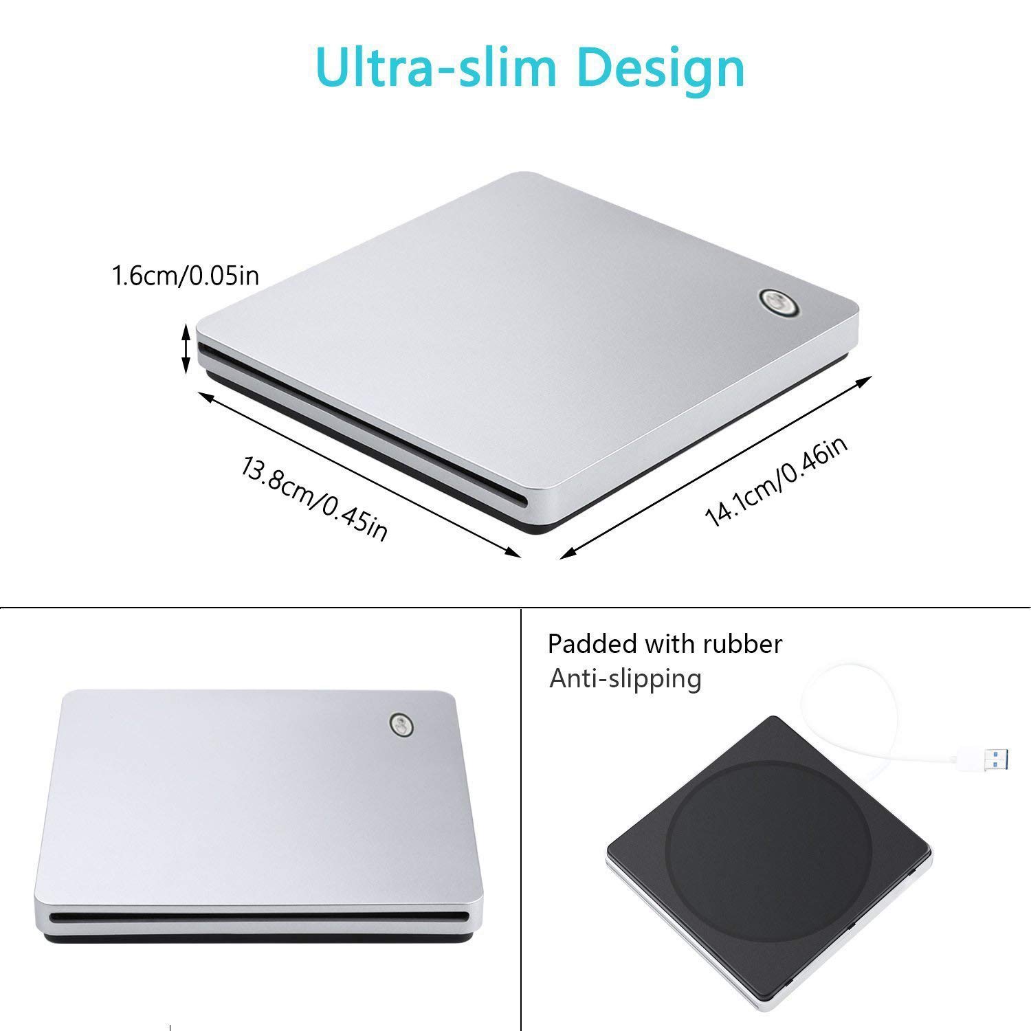 Ploveyy External CD DVD Drive USB Ultra-Slim Portable CD DVD RW/DVD CD ROM Burner/Writer/Superdrive with High Speed Data Transfer for Mac MacBook Pro/Air iMac Laptop (Silver)