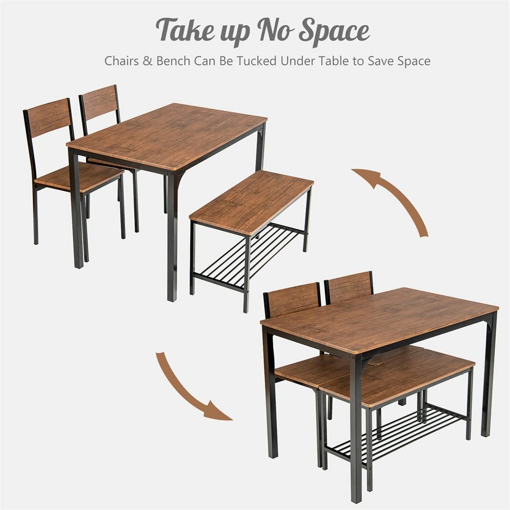 MJWDP 4 Piece Dining Table Set Antique Desk 2 Chairs and Bench with Storage Rack Brown/Grey (Color : D, Size : As Shown)