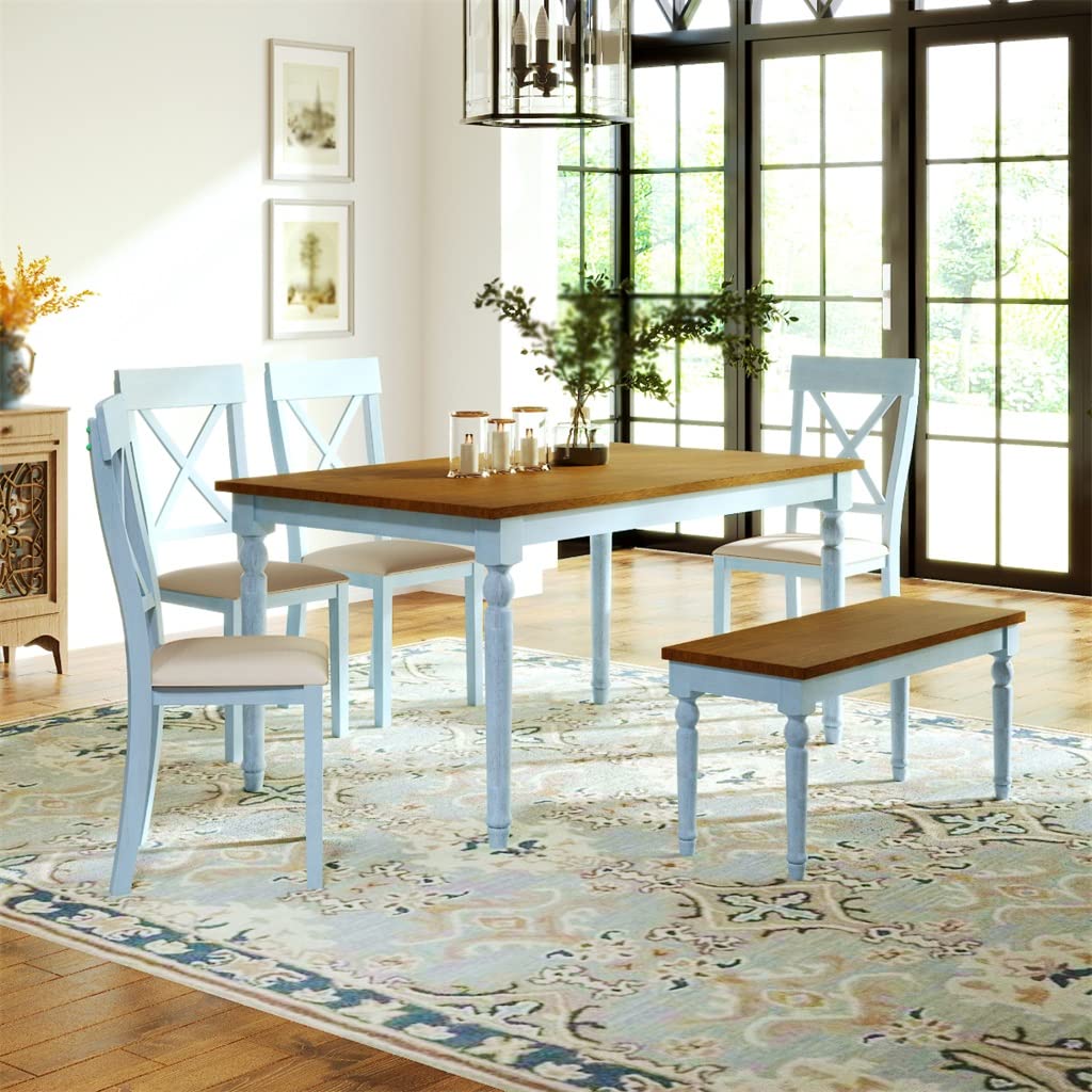 MJWDP 6 Piece Wooden Kitchen Dining Table Set with 1 Bench and 4 Upholstered Chairs, Light Green