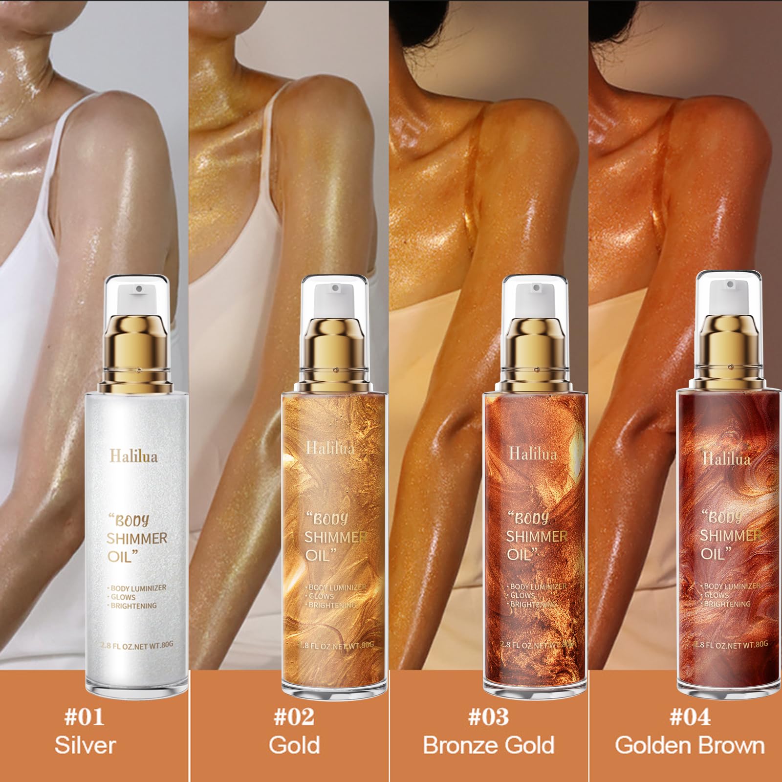 Shimmer Body Oil, 4 Colors Face and Body Liquid Luminizer, Waterproof Moisturizing Light Shimmer Glow Illuminator Liquid Highlighter Makeup, Liquid Illuminator Body Highlighter 2.8oz/Jars (Halilua-shimmeroil-4#)