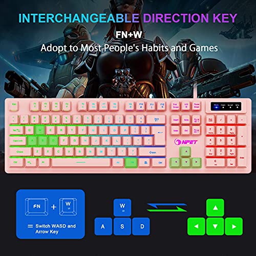 NPET K10V4 Wired Gaming Keyboard, RGB 10 Zone Backlit, Spill-Resistant Design, Multimedia Keys, Quiet Silent USB Membrane Pudding Keyboard for Desktop, Computer, PC