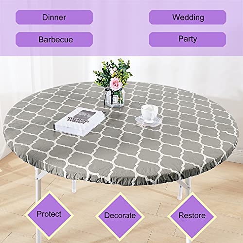 Zhuqing Heavy Duty Vinyl Round Fitted Tablecloth, Gray Moroccan Design, Spillproof Waterproof Elastic Table Cover with Flannel Backed Lining, Fits 40" to 44" Round Table,for Indoor/Outdoor Use