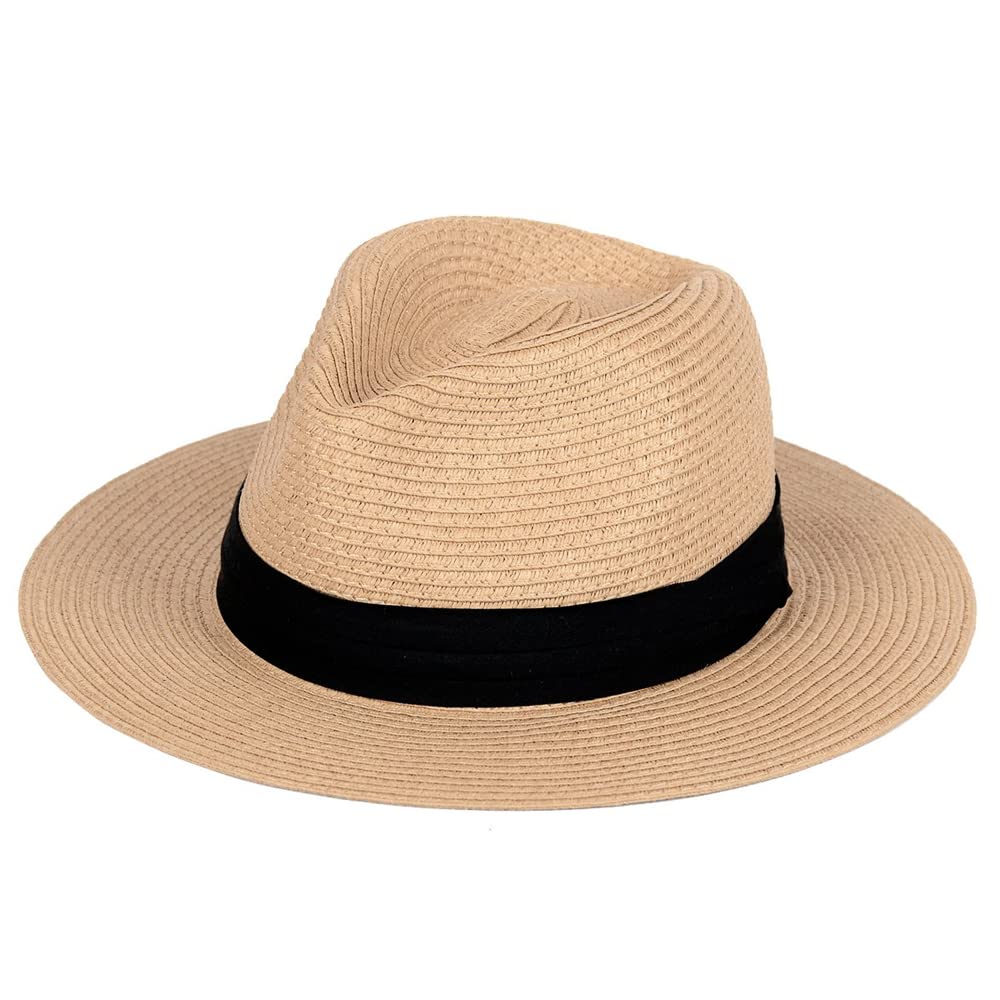 Panama Straw Hats for Women Summer Beach Sun Hat Wide Brim Fedora Cap UPF50+(A02-Brown)