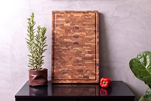 Weekolor, Large Butcher Block Cutting Board, Teak Wood End Grain, Thick Prep Station 23x15x1.5 in, Juice Groove, Reversible Charcuterie Board, Vegetable, Bread, Fruit, Cheese Board