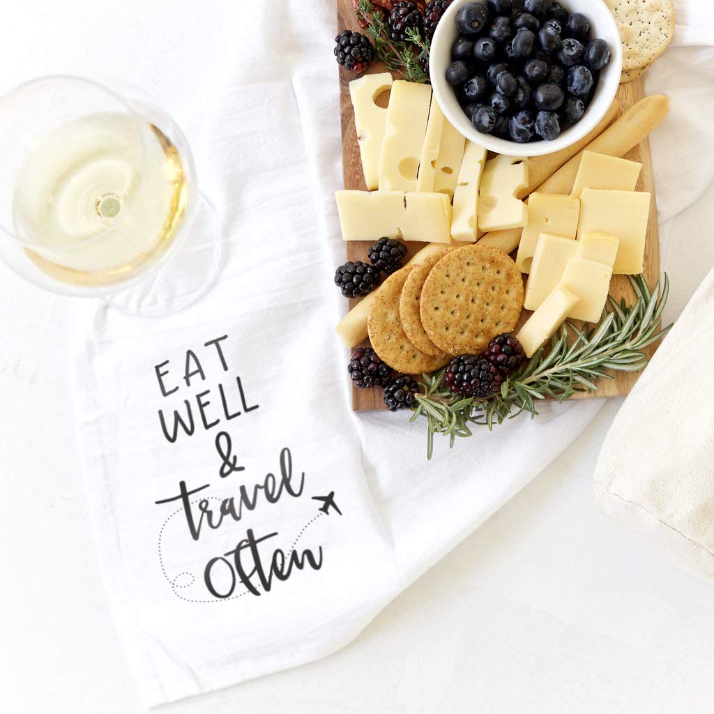 The Cotton & Canvas Co. Eat Well Travel Often Soft and Absorbent Kitchen Tea Towel, Flour Sack Towel and Dish Cloth