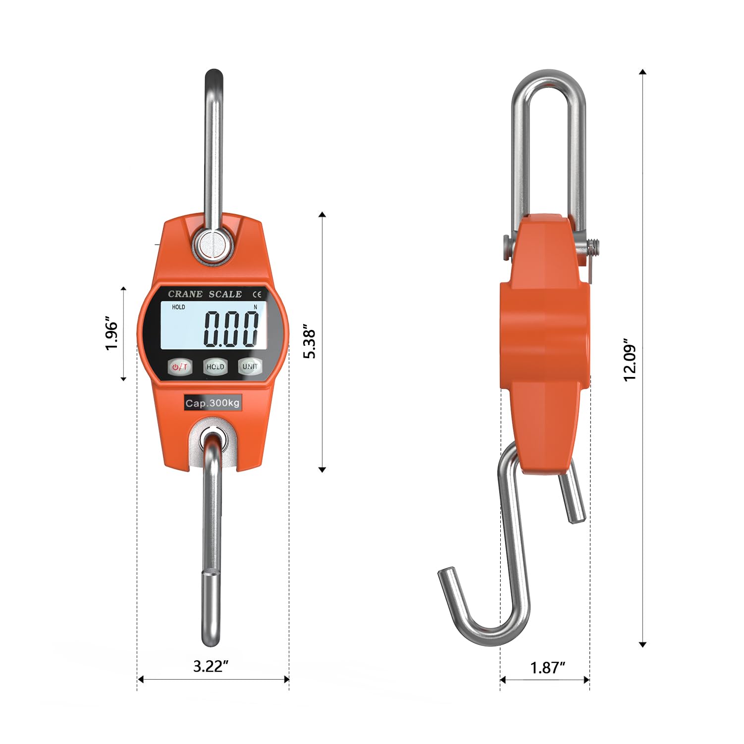 Outmate 660lb/300kg Digital Crane Scale - Compact LCD Handheld Hanging Scale for Garage, Farm, Hunting, Fishing & More(300kg/Plastic/Orange)