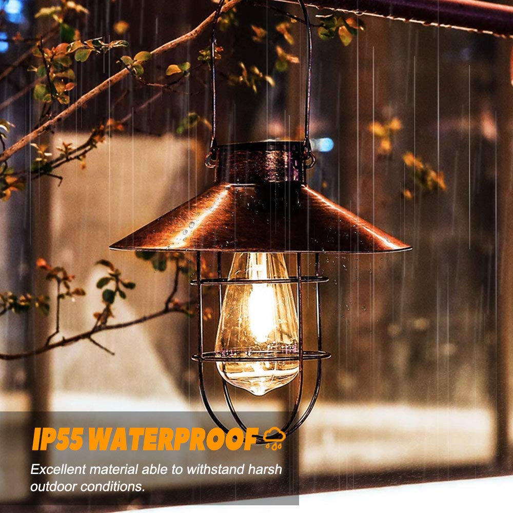 Retro Metal Solar Lanterns Outdoor Hanging Warm White Solar Garden Lights with Shepherd Hook, Greenke Waterproof Retro Pendant lamp for Pathway Patio Yard Decor (Large/ Copper)