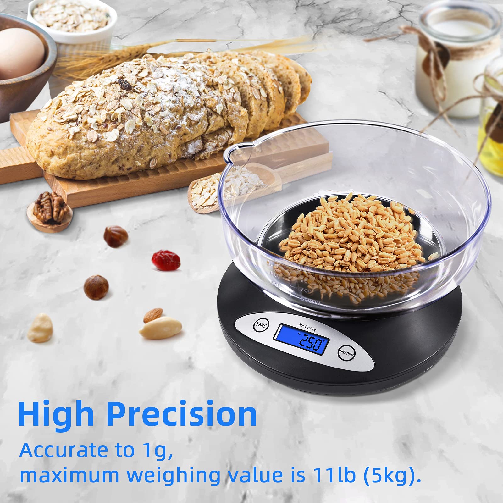 THINKSCALE Digital Kitchen Scale, Highly Accurate 5000g/11lb x 0.1oz, Food Scale for Cooking, Baking and Weight Loss, Kitchen Scale with Bowl 2 Modes and Tare Features, Back-lit LCD Display
