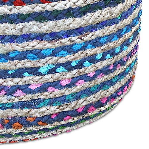 SIMPLIHOME Margo 20 Inch Wide Boho Round Pouf in Blue Braided Jute, for The Living Room, Bedroom and Kids Room