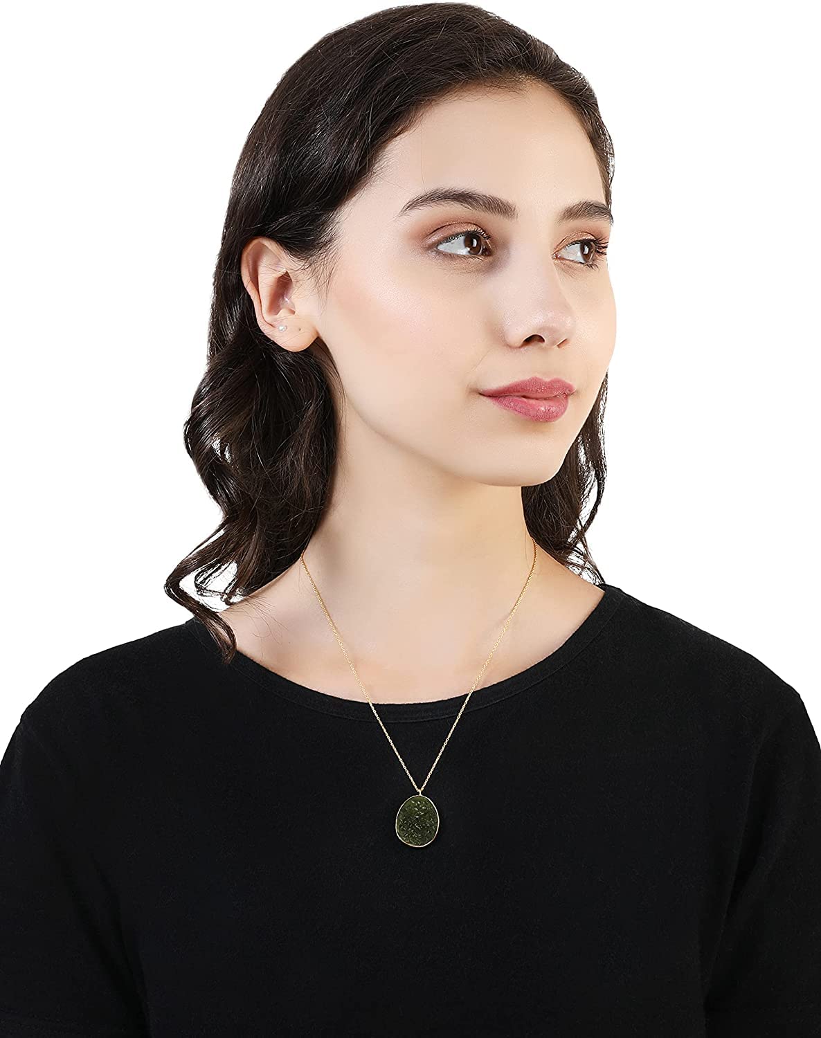 TASKD Green Moldavite Aerolite Crystal Stone Pendant Gemstone Silver Platted Moldavite Necklace Energy Meteorite Amethyst Ecko Necklace For Women Matoa Gift For Her From Him (Golden Chain)