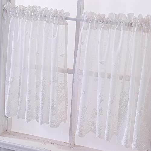 Popuid Seim Sheer Kitchen Cafe Window Curtains Valance Lace Floral Embroidered Curtain Topper for Small Windows Decor (White, 1 Piece-54W*24H)