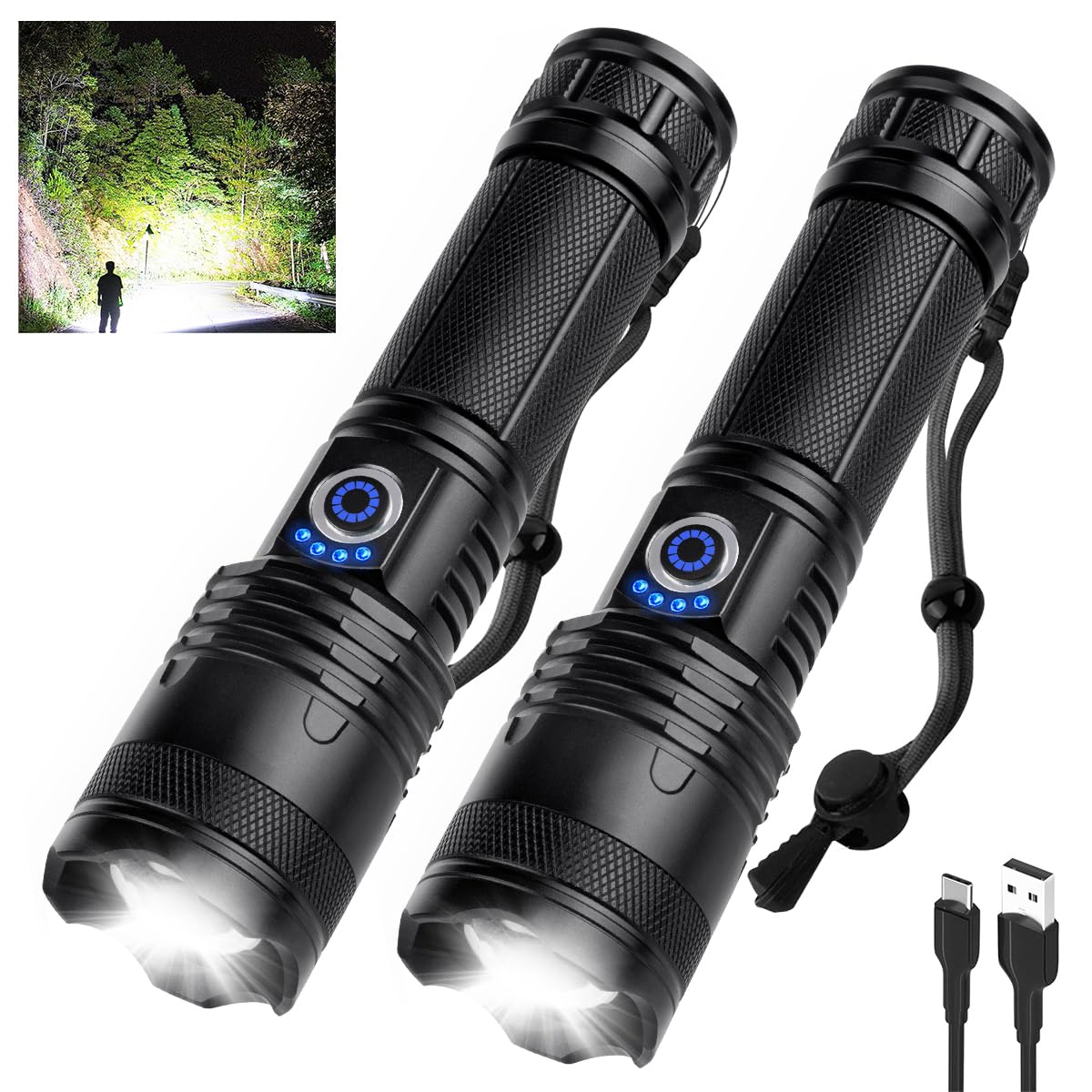 QOPOYU LED Rechargeable Flashlights High Lumens Flash Light, 990,000 Lumens Super Bright Powerful Tactical Flashlight, 5 Modes IPX6 Waterproof Handheld Flashlights for Camping Emergencies (2 Pack)