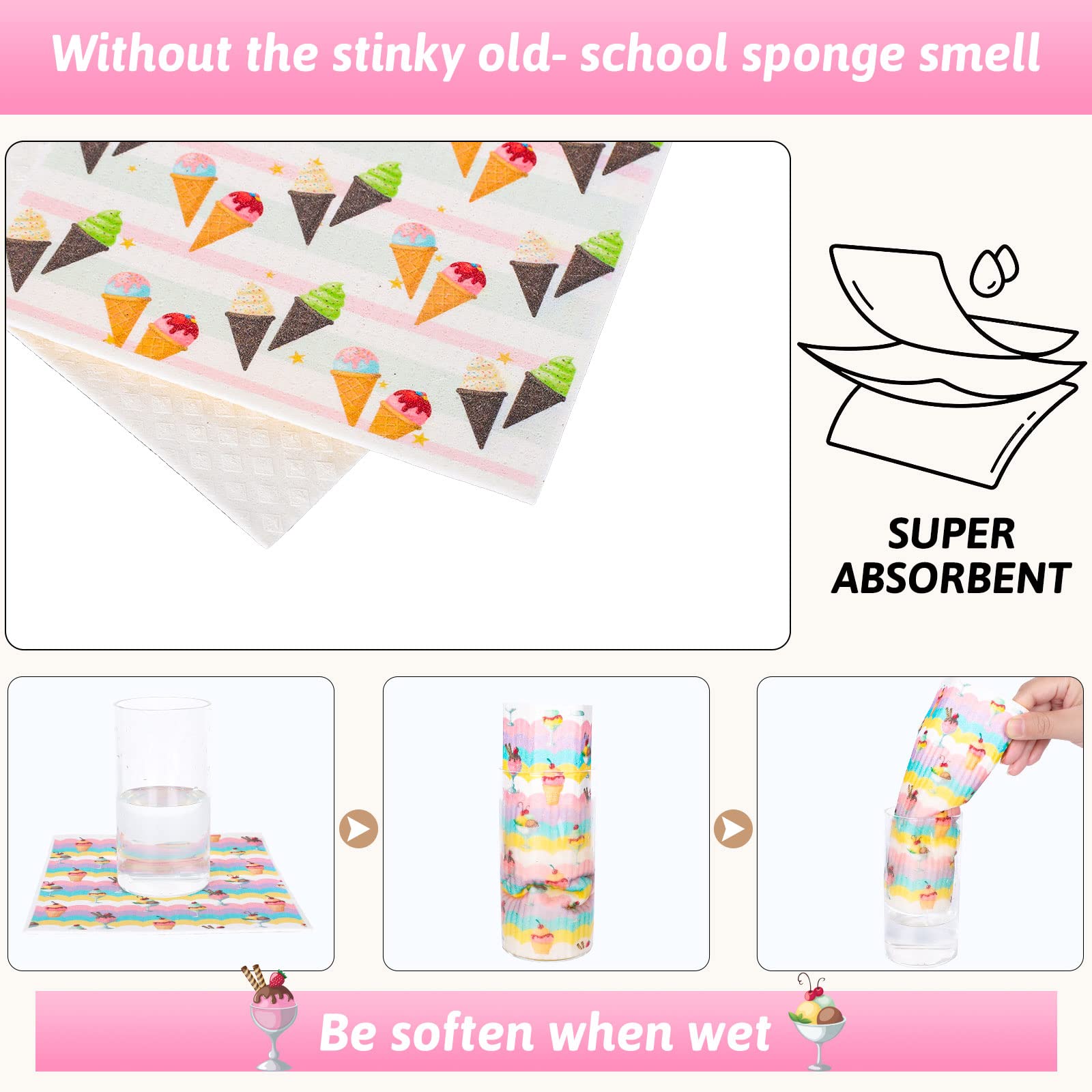 Whaline 6Pcs Ice-Cream Colorful lce Lolly Pattern Swedish Kitchen Dishcloths Reusable Dish Towels Cotton Absorbent Cleaning Cloth for Summer Holiday Home Party Kitchen Bathroom Cleaning 6.7 x 7.7 Inch