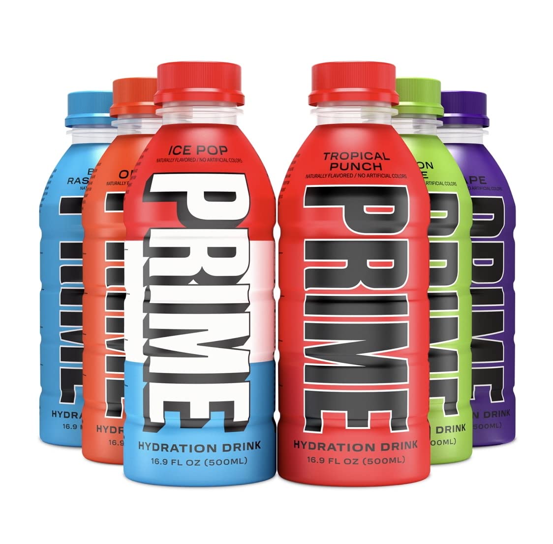 Prime Hydration Drink 6 Flavor Variety 12 Pack (2 of each flavor) Lemon Lime, Tropical Punch, Blue Raspberry, Orange, Grape & Ice Pop