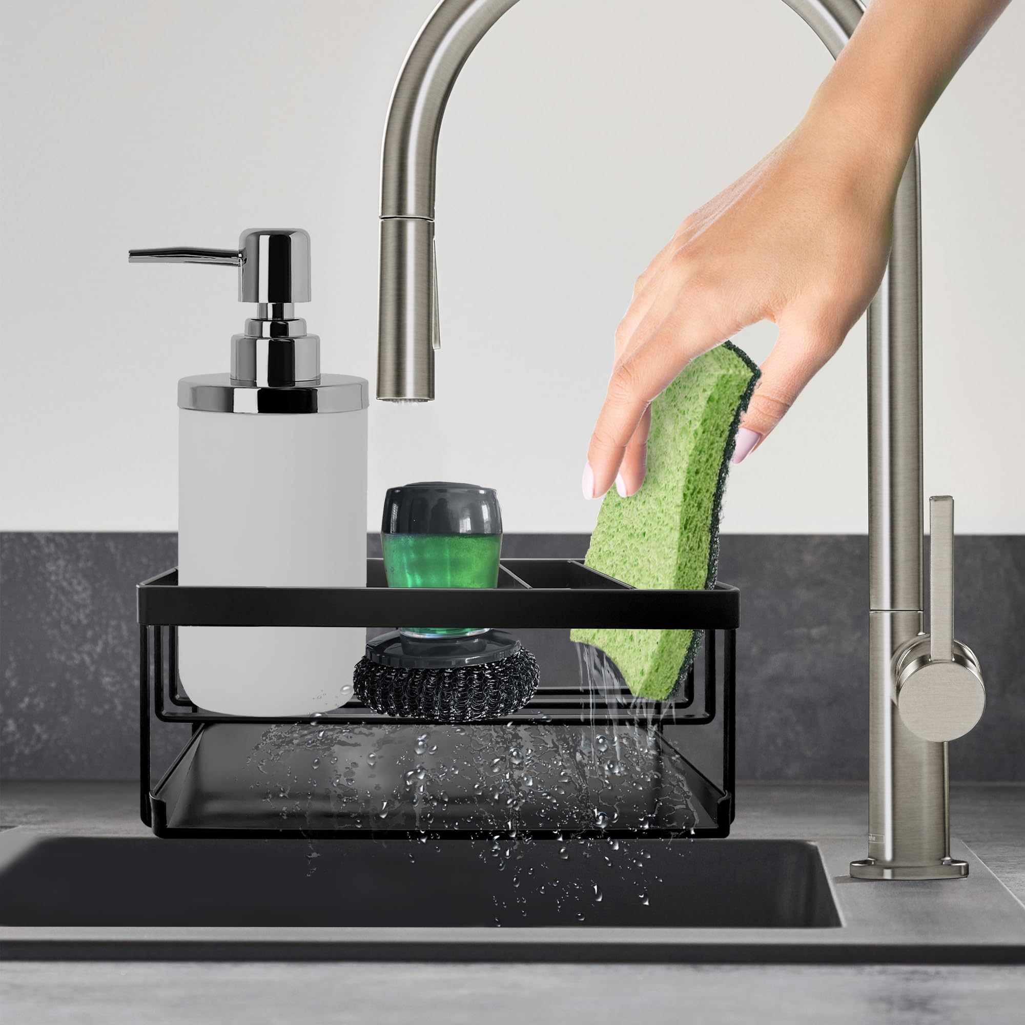 Sink Caddy Organizer with Steel Wool Brush Included, Sponge Organizer for Kitchen Sink, Dish Soap and Sponge Holder for Kitchen Sink, Kitchen Sponge Organizer with Auto Drain Train