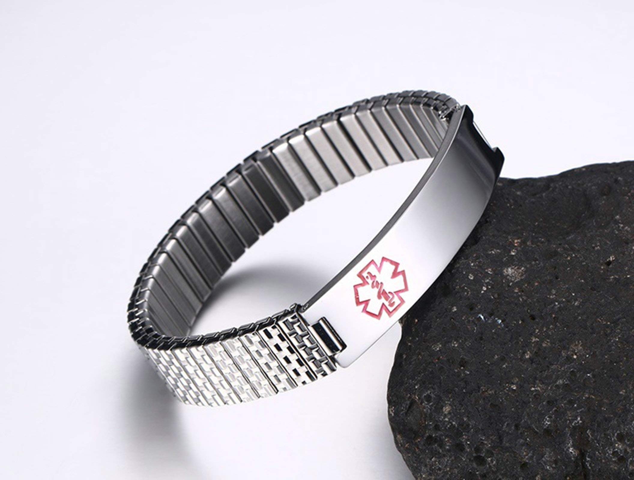MoAndy Free Engraving Mens Womens Stainless Steel Medical Alert ID Stretch Allergy Bracelet Do Not Resuscitate(DNR) Silver 6.65 Inches