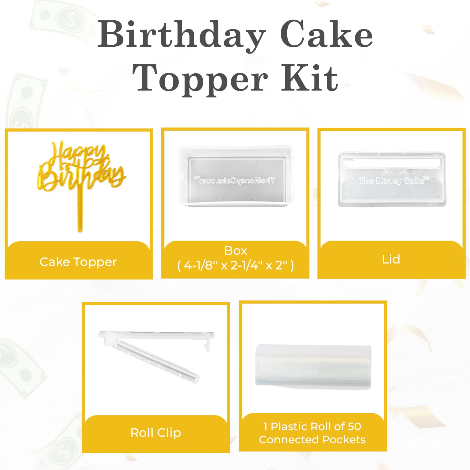 The Money Cake - Money Cake Pull Out Kit Includes 1 Money Box 1 Plastic Roll 50 Transparent Bag Connected Pocket, and Happy Birthday Cake Topper for Birthday Parties