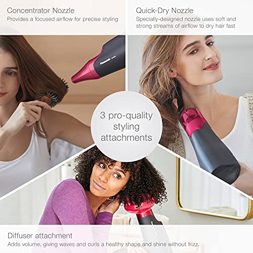 Panasonic Nanoe Hair Dryer, 1875 Watt Professional Blow Dryer for Smooth, Shiny Hair with 3 Attachments Quick Dry Nozzle, Diffuser and Concentrator Nozzle โ EH-NA65-K (Black/Pink), Black