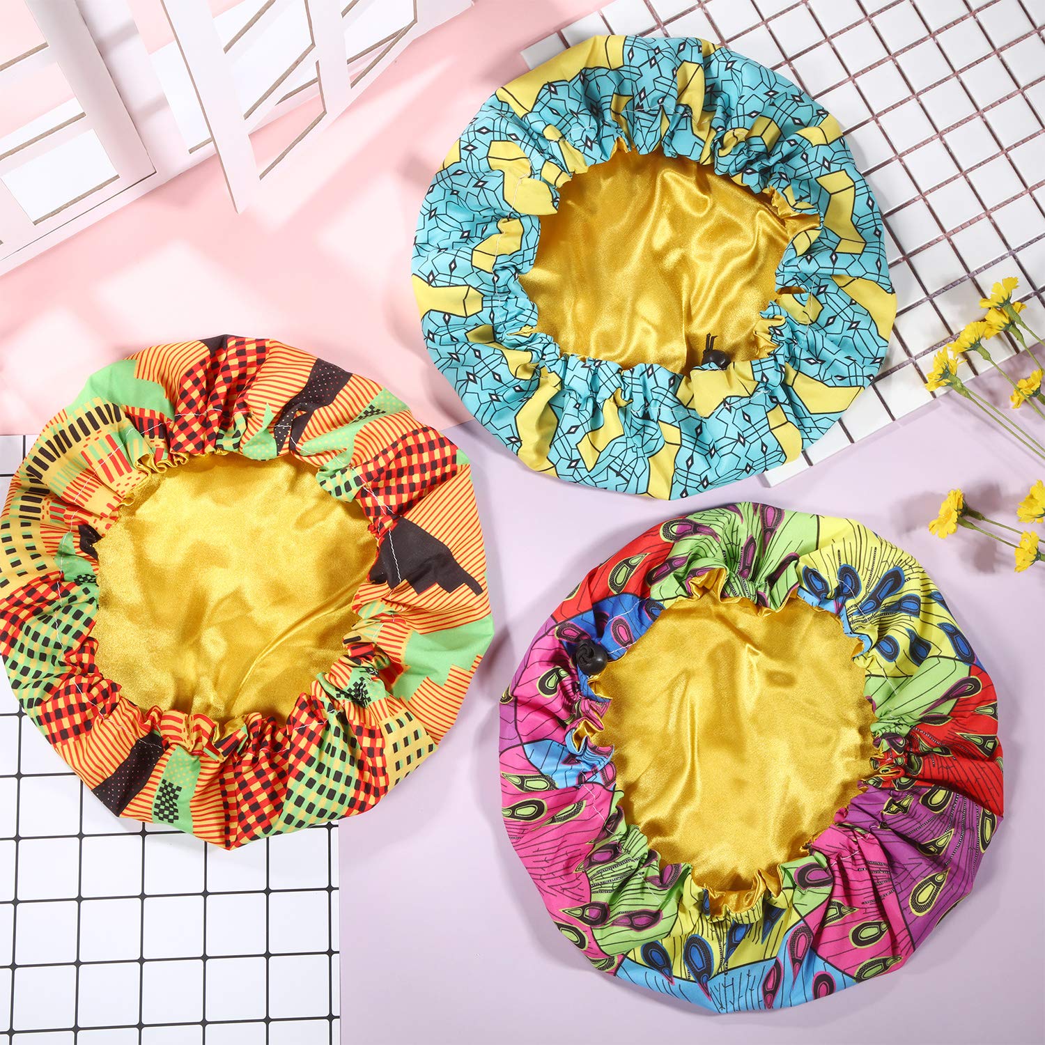 SATINIOR 3 Pieces Kids Satin Bonnet Adjustable Sleeping Cap Reversible Satin Soft Flower Night Hats for Teens Toddler Child Baby