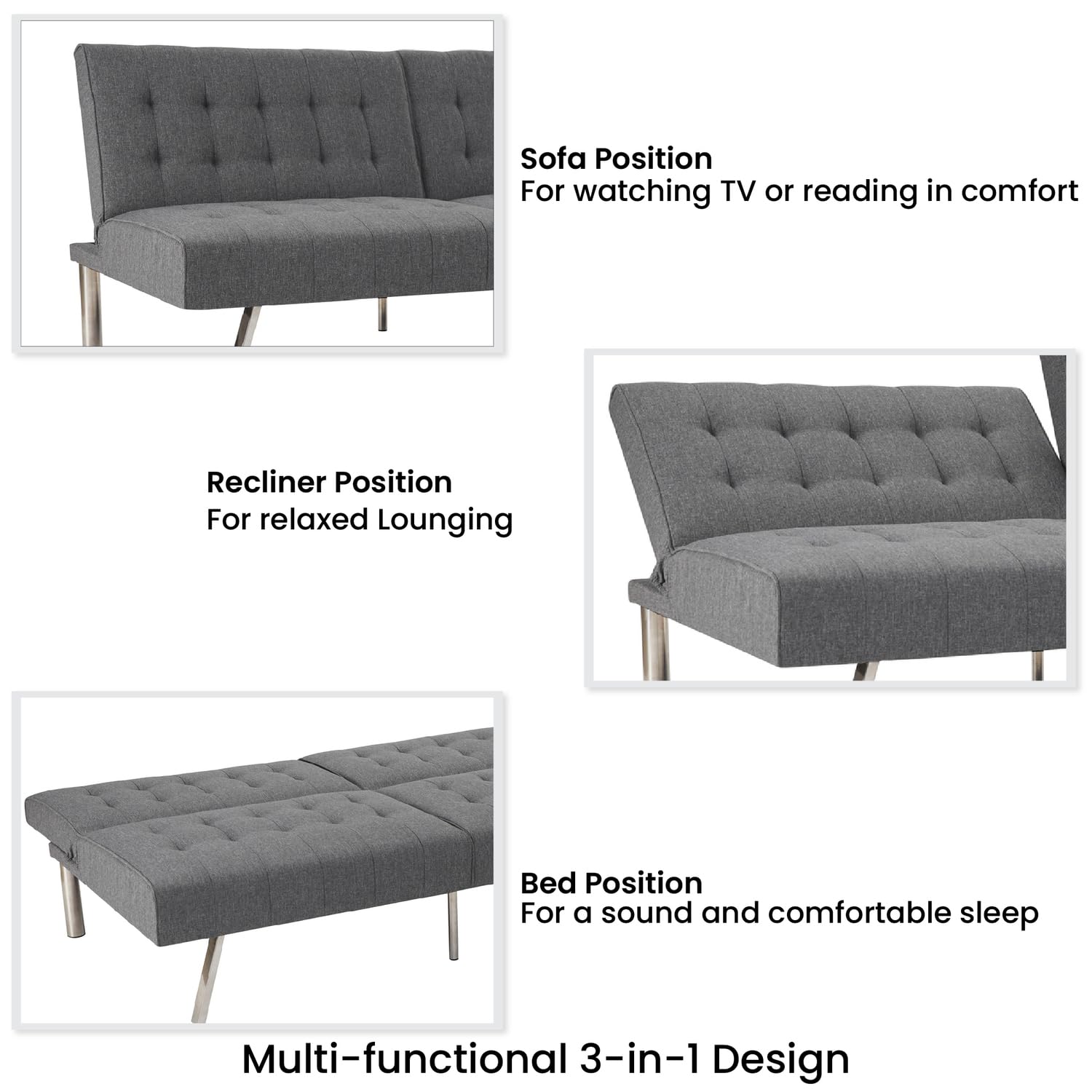Naomi Home Tufted Futon Sofa Bed Pull Out Sofa Bed Couch Convertible with Wooden Legs, Folding, Reclining Small Couch Bed, Futon Bed for Living Room (Gray, Tufted Split Back/Linen)