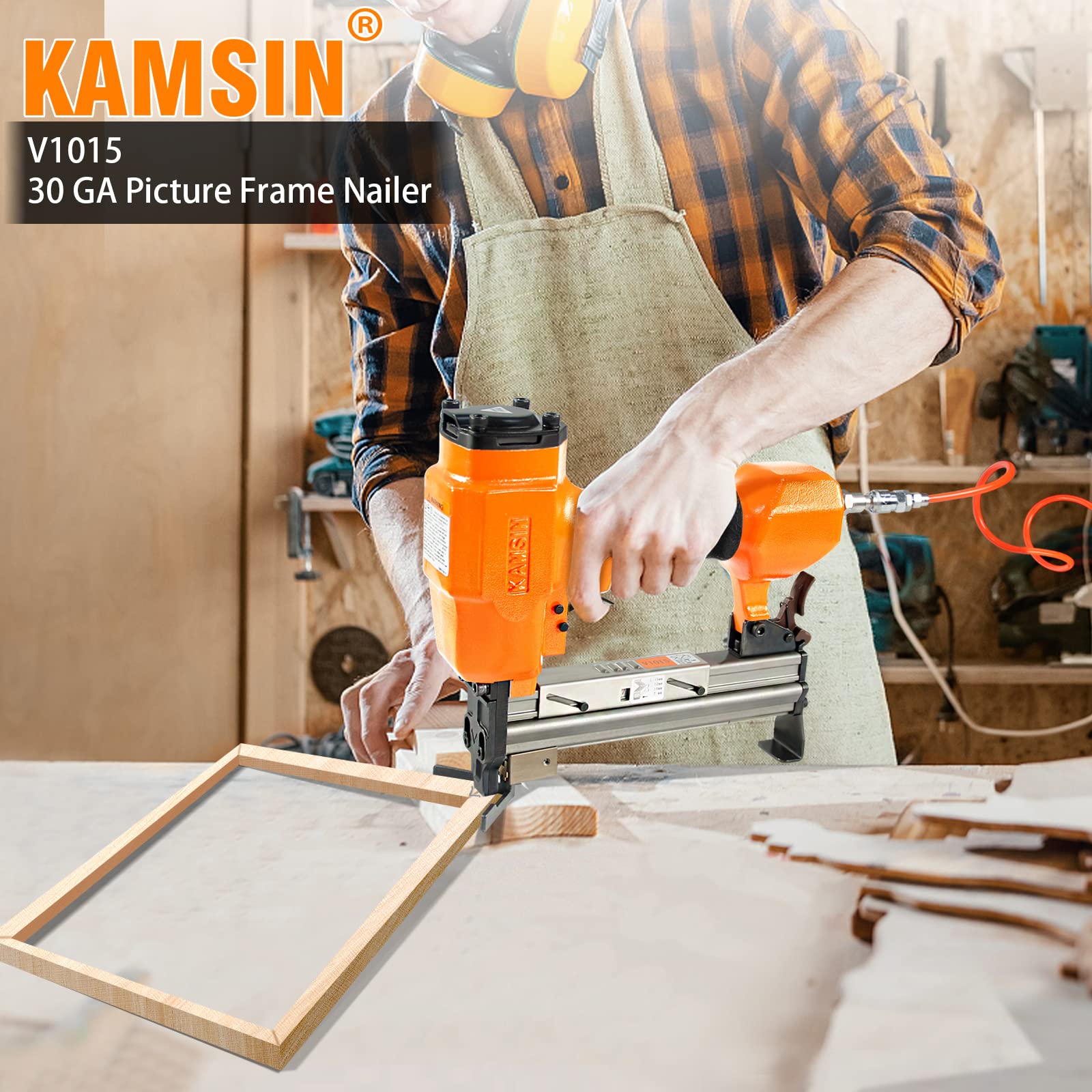KAMSIN #V1015 30 Gauge Pneumatic Picture Frame Nailer, 13/32β(10.3mm) Crown V Nailer, 5/16'' to 19/32'' (7-15mm) Leg Length V-nails Tacker V Nails Gun For Picture Frames