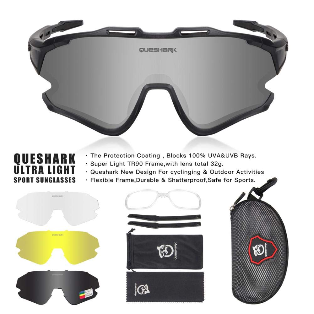 Queshark Sports Cycling Sunglasses 4 Lens Anti UV400 for Men Women HD Polarized
