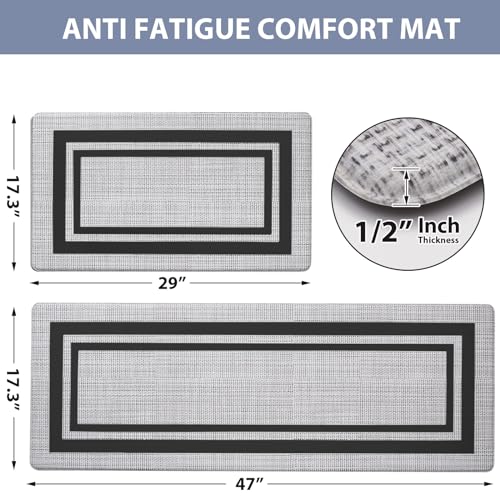 WEZVIX Anti Fatigue Kitchen Floor Mat 2 PCS, 1/2 Inch Thick Comfort Cushioned Standing Mat Set, Non Skid Kitchen Rugs and Mats Waterproof PVC Memory Kitchen Mats for Floor Sink Office Laundry, Black