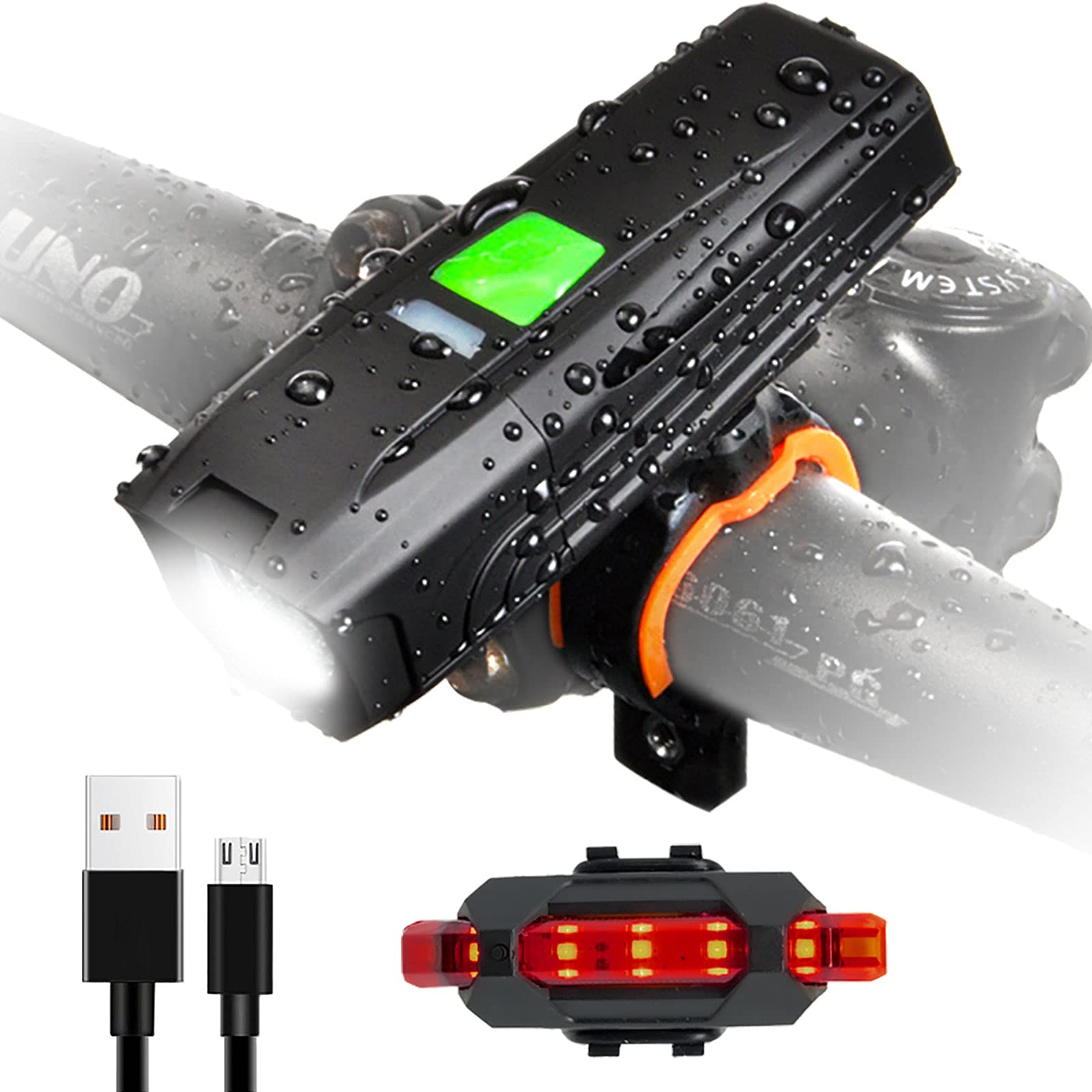 QUESPLE Bike Lights Set, USB Rechargeable, Waterproof Bike Front Lights, Powerful Bicycle Front Headlight and Back Taillight, 5 Light Modes, Easy to Install for Men Women Kids Night Riding