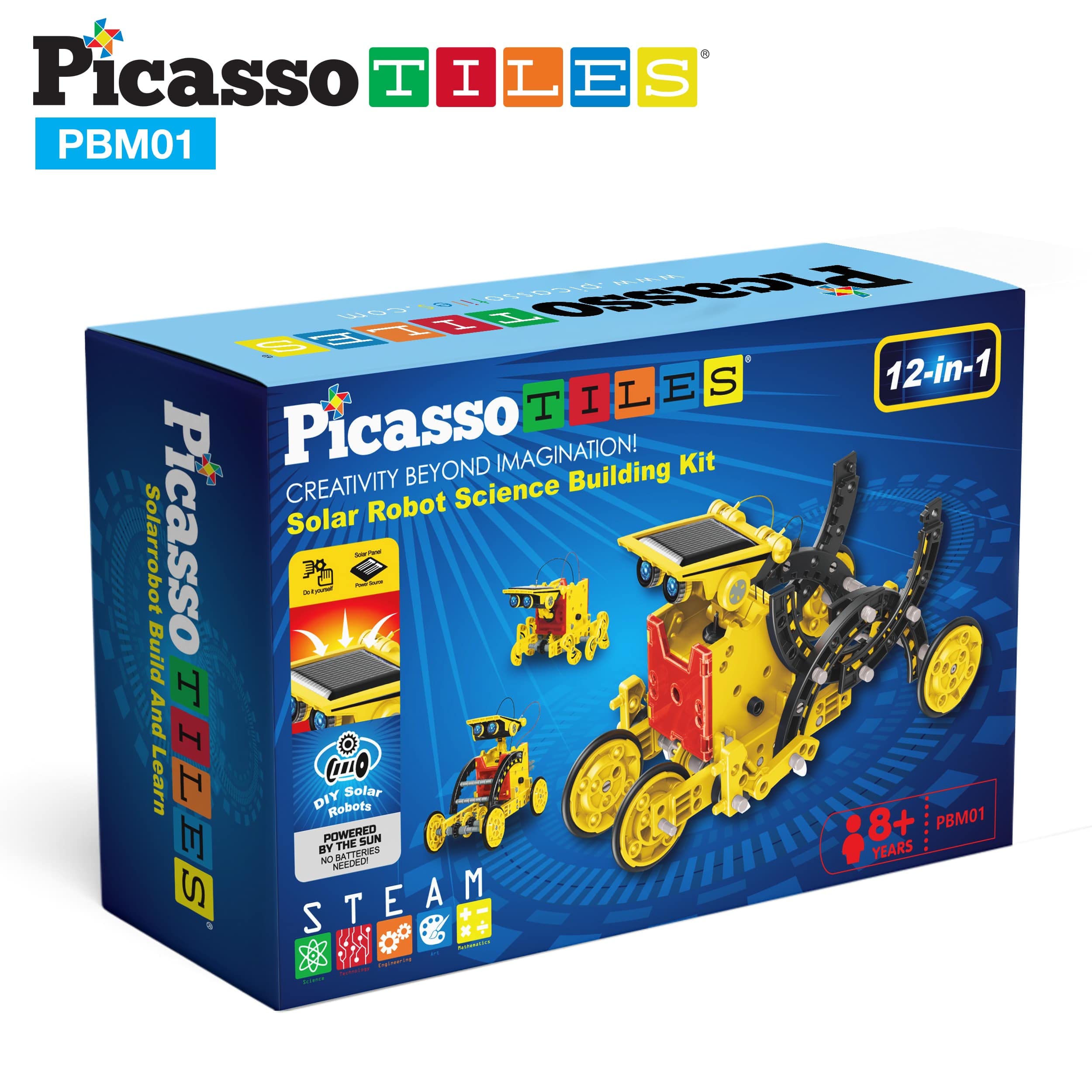 PicassoTiles STEM Kids Solar Powered Transformer Robot Educational Learning Engineering Building Toy 12-in-1 Creative Unique Transformation Renewable Energy Science Experiment DIY Kit Boy Girl Age 8+