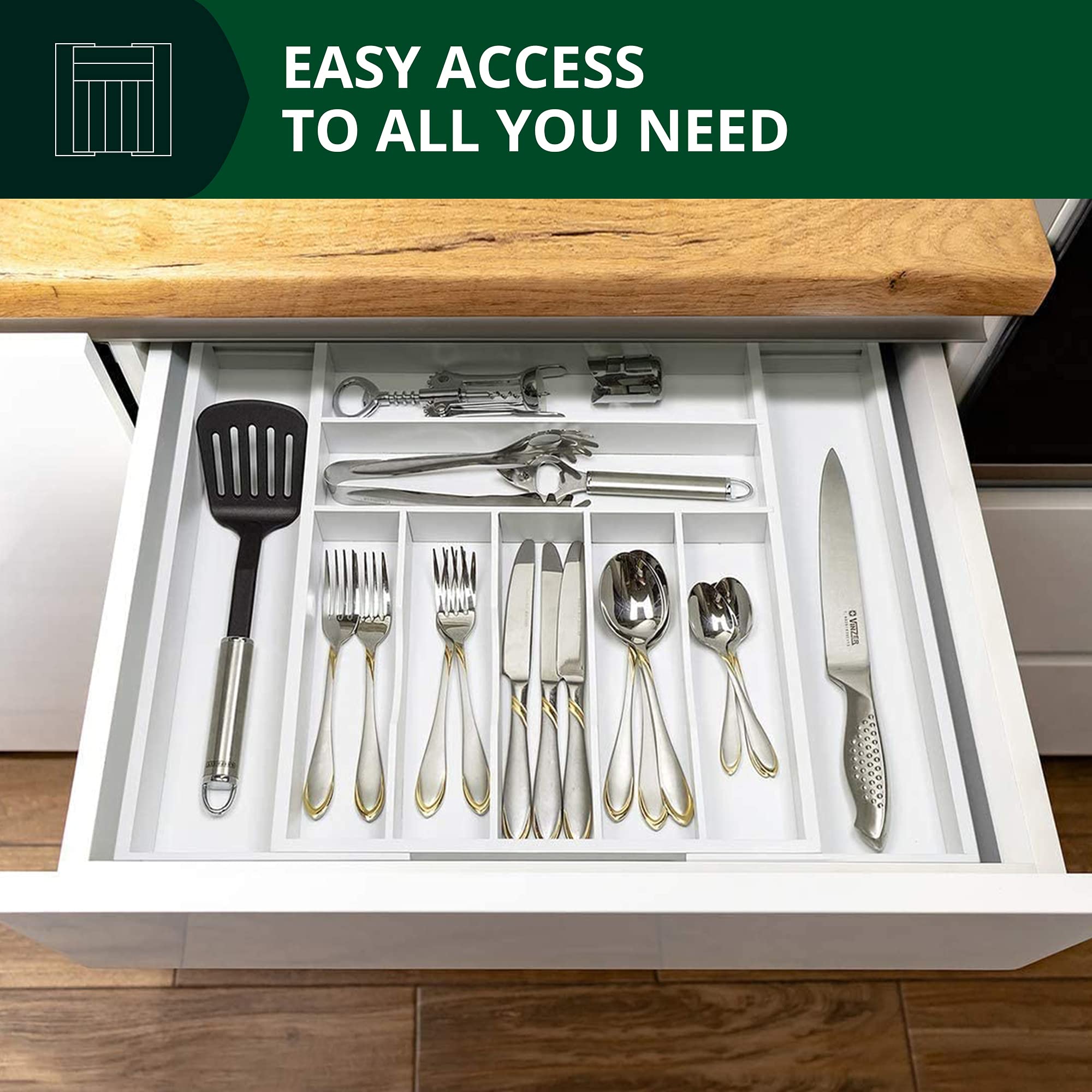ROYAL CRAFT WOOD Luxury Bamboo Kitchen Drawer Organizer - Silverware Organizer - Utensil Holder and Cutlery Tray with Grooved Drawer Dividers for Flatware and Kitchen Utensils (White)