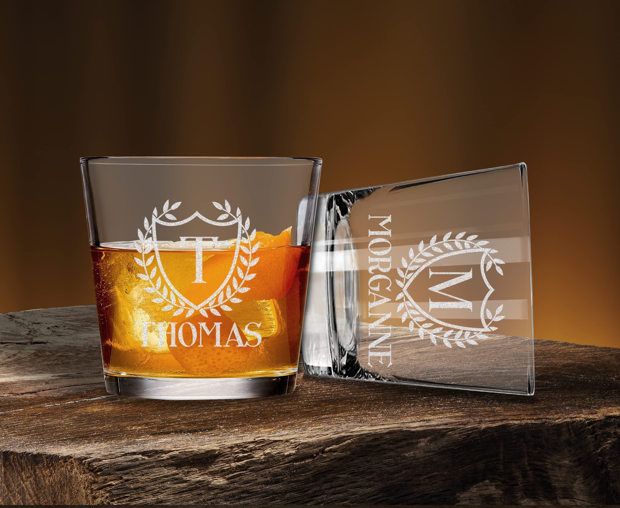 TEEAMORE Personalize Old Fashioned Cocktail Glasses Add Your Name Initial Birthday Anniversary Etched Rocks Whiskey Glass 9oz