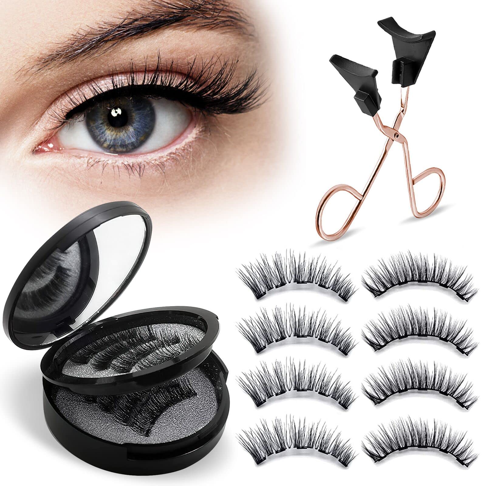 Reusable Magnetic Eyelashes 4 Pairs, Dual 3D Magnetic Lashes without Eyeliner Natural Look, False Eyelashes Extension Kit with Applicator Tweezers