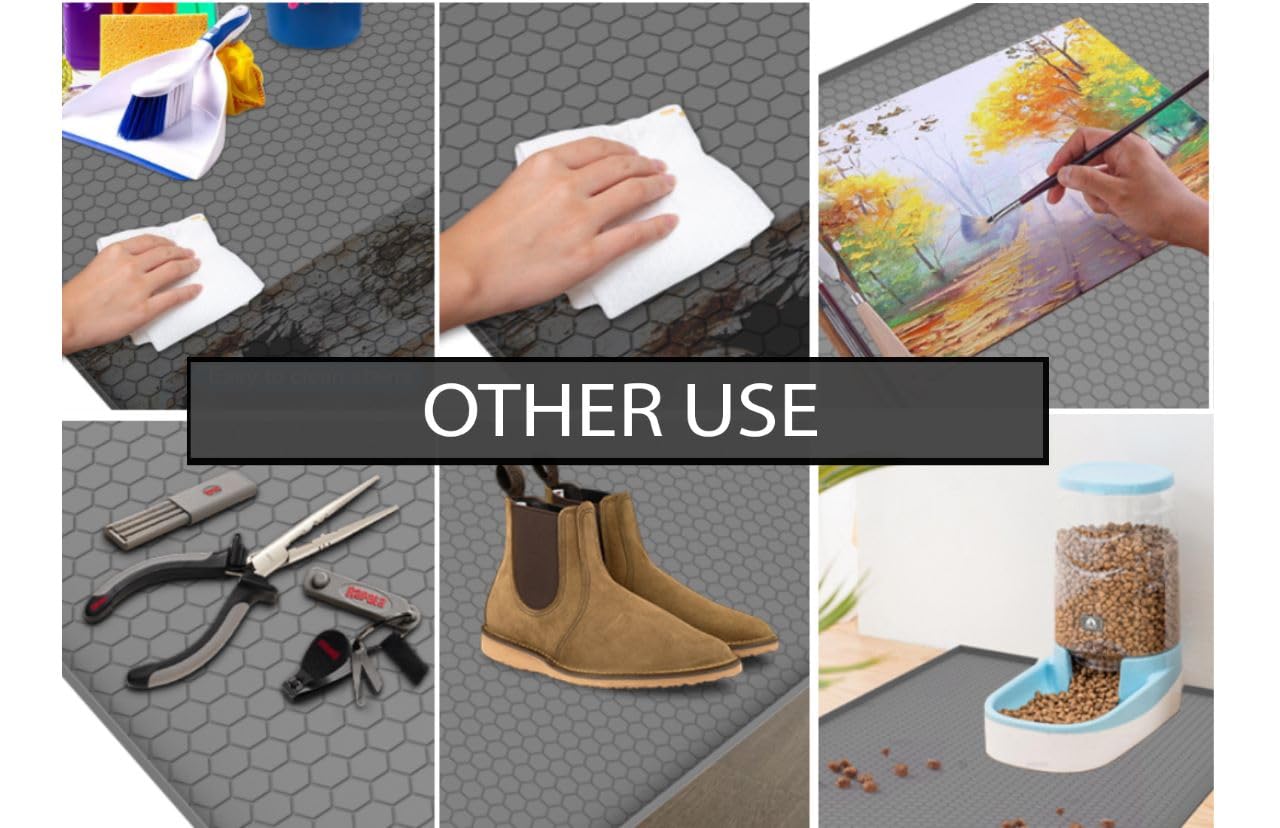 Spill Agent Under Sink Mat, 34’’ x 22’’under sink mats for kitchen Waterproof Silicone Sink Cabinet Protector Mat with Drain Hole,Flexible Sink Drip Tray,Free Cleaning Brush,for Kitchen,Bathroom,Grey,