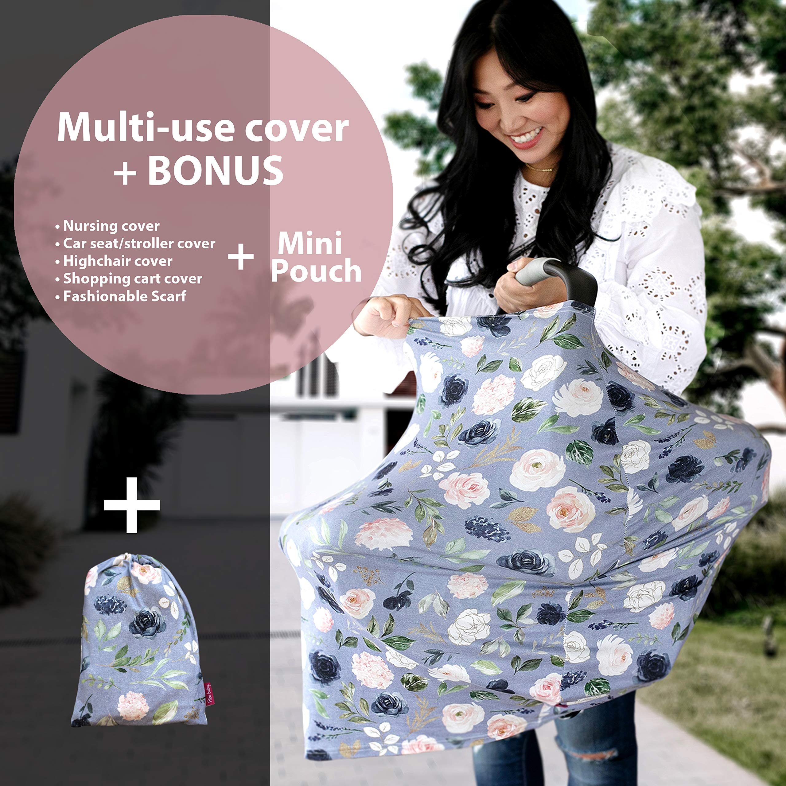 Pobi Baby Car Seat Covers and Nursing Cover - Soft and Stretchy Floral Pattern (Serenity)