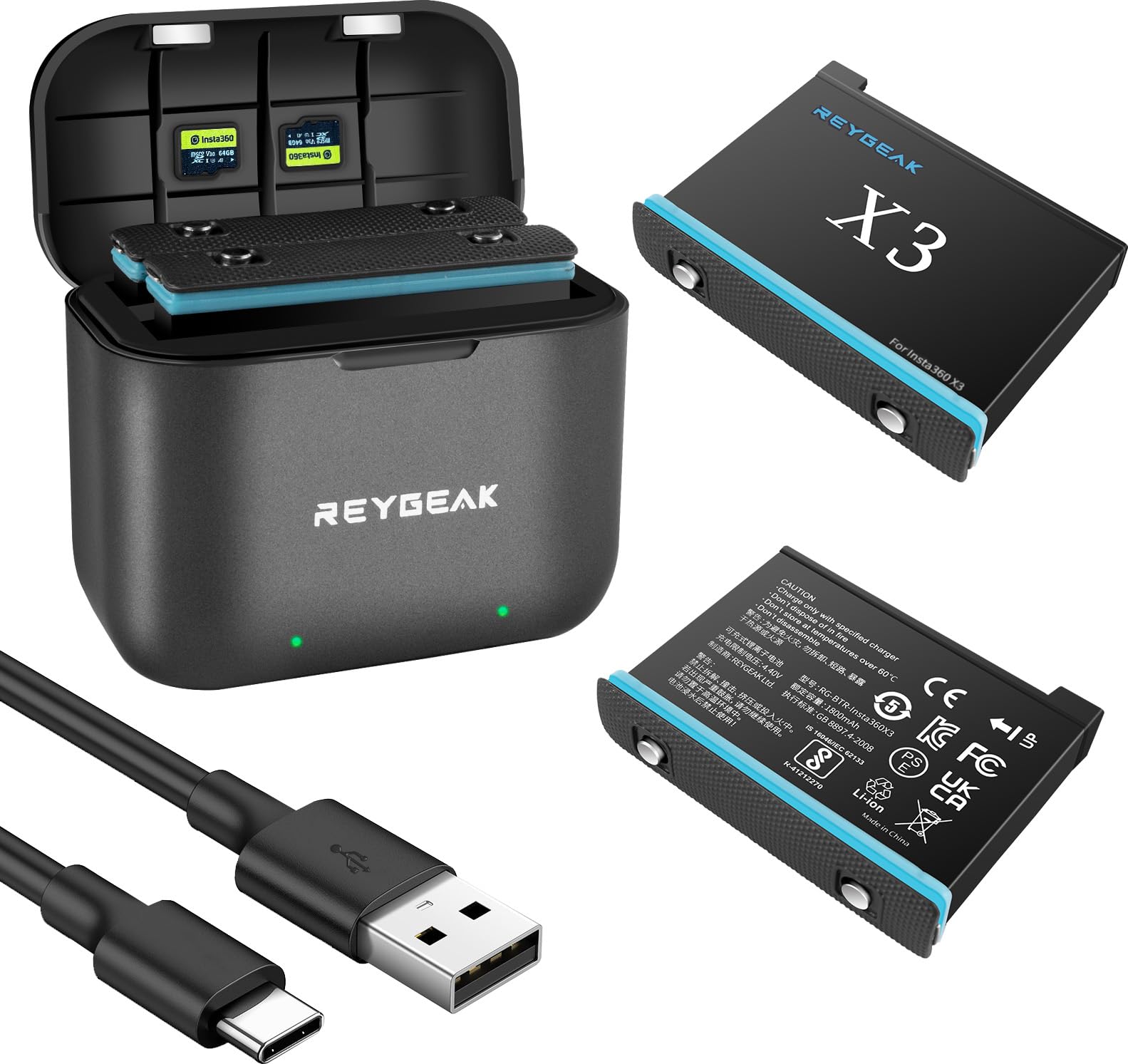 REYGEAK 2 Packs Replacement Insta 360 X3 Battery 1800mAh and LED USB Quick Battery Charger Hub, Replacement Battery Pack Charger Accessories for Insta 360 X3 (2 Battries+ Charging Box)