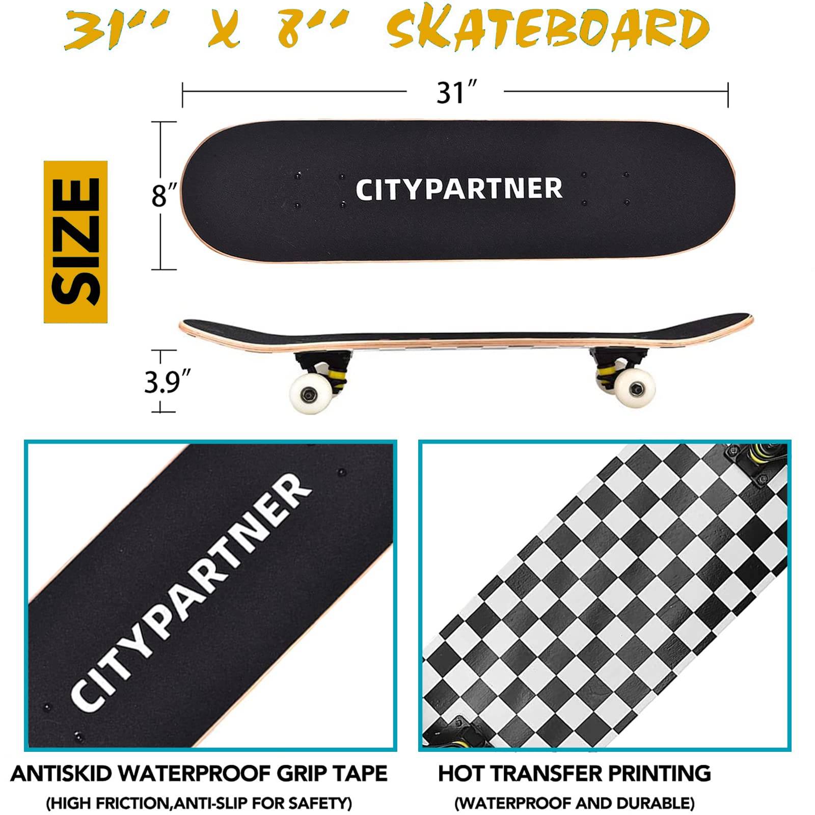 Skateboards for Beginners, 31 Inch Complete Skateboard for Kids Teens Adults, 7 Layer Canadian Maple Double Kick Deck Concave Cruiser Trick Skateboard