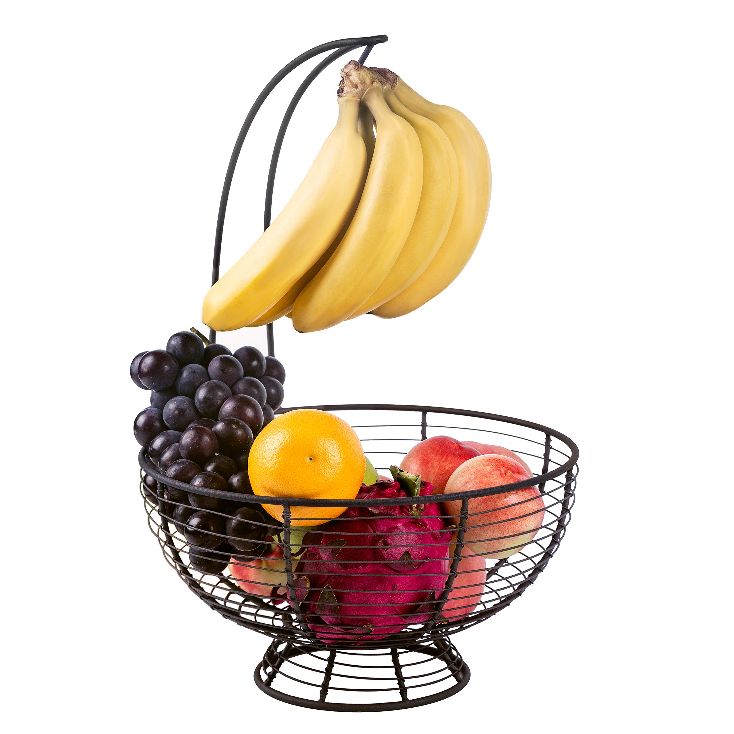 TIEYIPIN [ Extra Large Fruit Basket Bowl with Banana Hanger, Detachable Wire Banana Holder Hook Kitchen Storage Baskets Stand - Brown