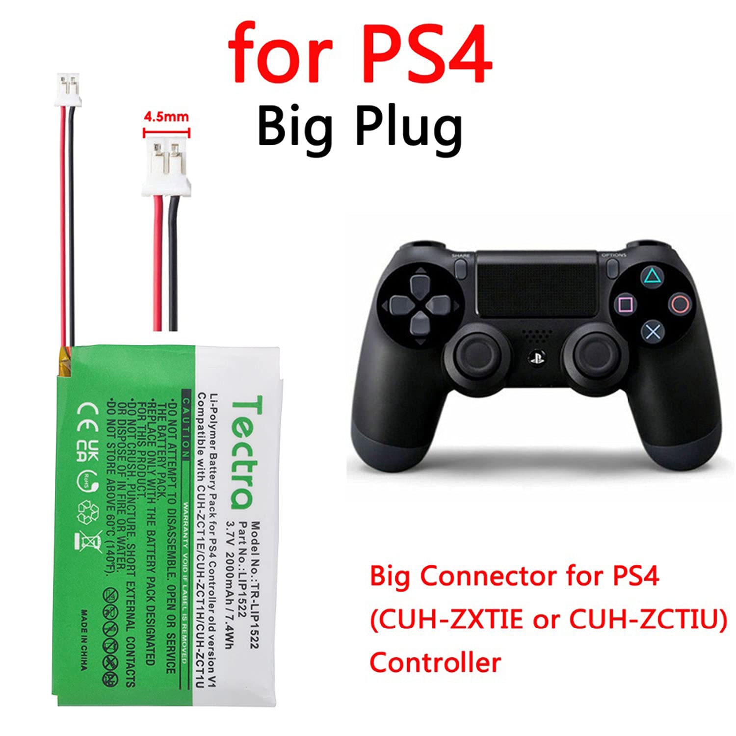 Tectra 2000mAh LIP1522 Battery for Sony Playstation 4 Dual Shock 4 CUH-ZCT1U CUH-ZCT1E CUH-ZCT1H PS4 Wireless Controller 2015 and Before(Big Plug)