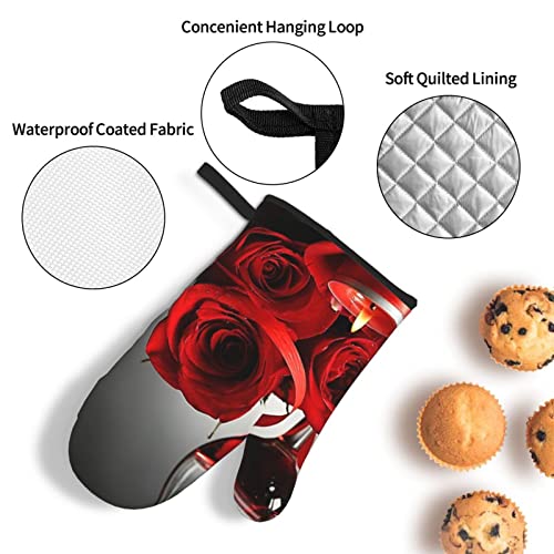 YILEQUAN Red Rose Wine Glass and Candle Print Oven Mitts Pot Holders Sets,Kitchen Glove High Heat Resistant 500 Degree Potholder,Surface Safe for Baking, Cooking, BBQ,Pack of 3
