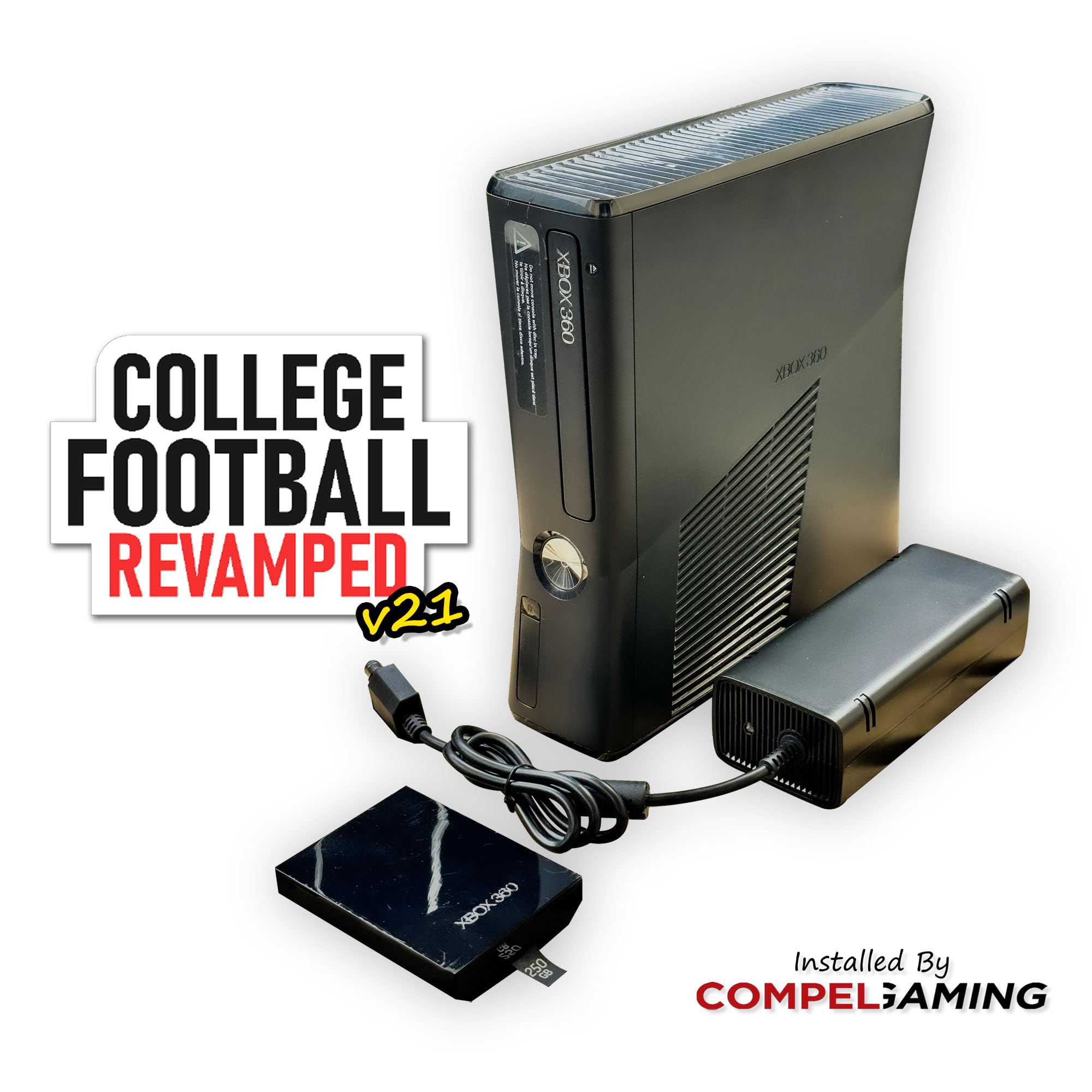 Modded Xbox 360 250GB Slim RGH3 Console with NCAA 14 College Football Revamped (Latest Version V21) and Power Adapter by Compel Gaming