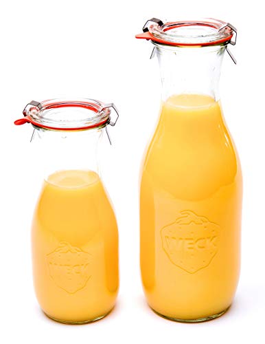 Weck Juice Jar Combo Pack - (1) 766 1-Liter jar (1) 764 1/2-Liter jar with Glass Lids, Rubber Rings and Steel Clamps & Keep Fresh Lids