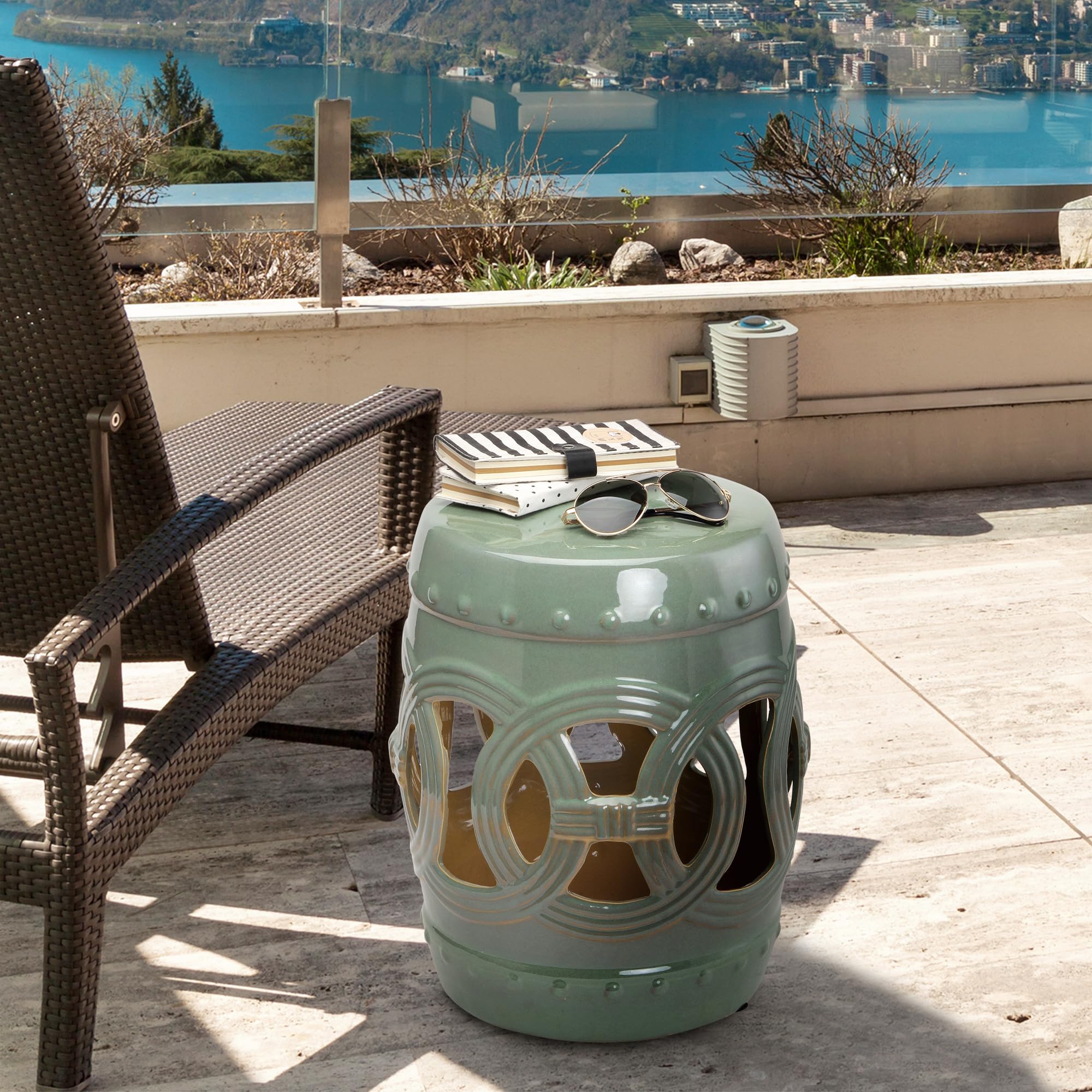 Outsunny 14" x 17" Ceramic Garden Stool with Double-Coin Knotted Ring Design & Strong Glazed Material, Decorative End Table, Home Collection, Antique Blue