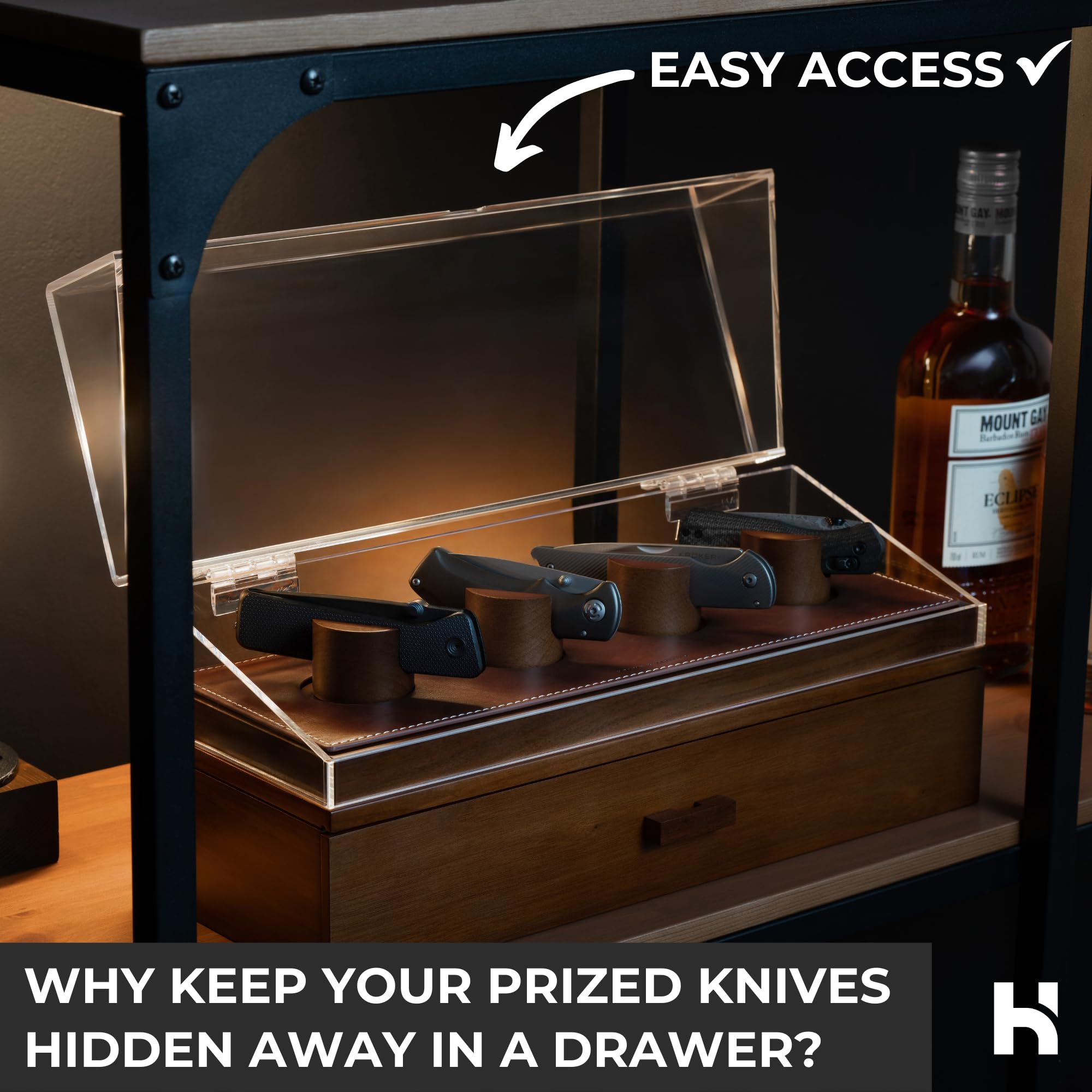 Showcase Your Knives with The Knife Deck Pro – Premium Pocket Knife Display Case for 6 Knives – Easy Access & Leather Lining – Drawer for Accessories – Wooden Pocket Knife Holder – Lifetime Assurance