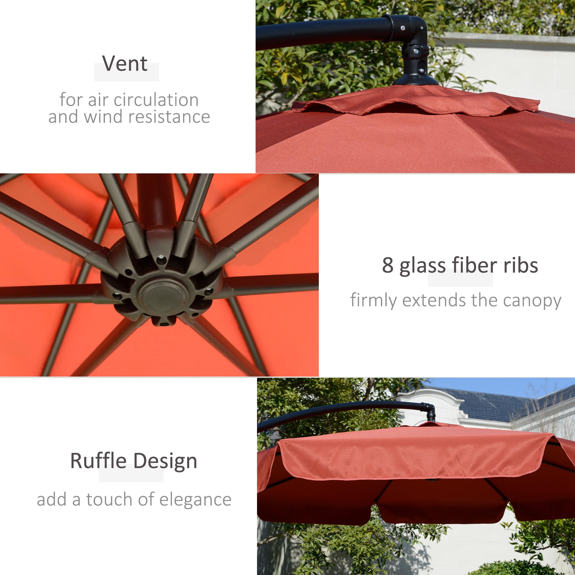 Outsunny 9' Offset Hanging Patio Umbrella, Cantilever Umbrella with Easy Tilt Adjustment, Cross Base and 8 Ribs for Backyard, Poolside, Lawn and Garden, Coffee