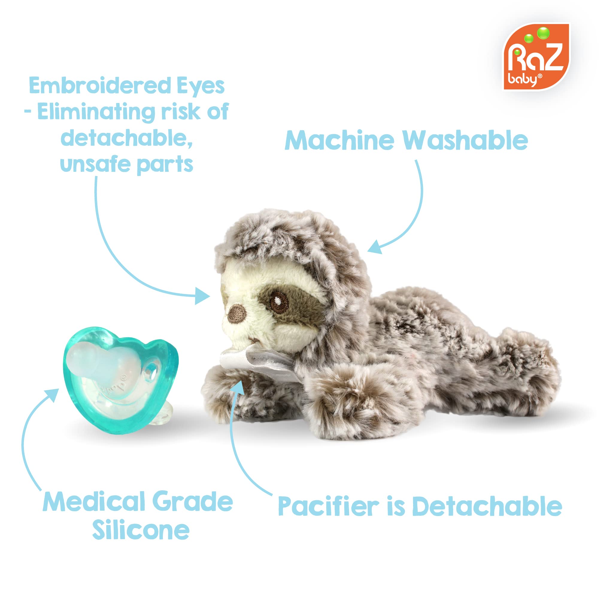 RaZbaby JollyPop Pacifier, Holder w/ Detachable Baby Pacifier, Stuffed Animal RaZbuddy, All Ages 0M+, 100% Medical Grade USA Made Silicone Pacifier, Machine Washable, Textured & Easy to Hold β Panda