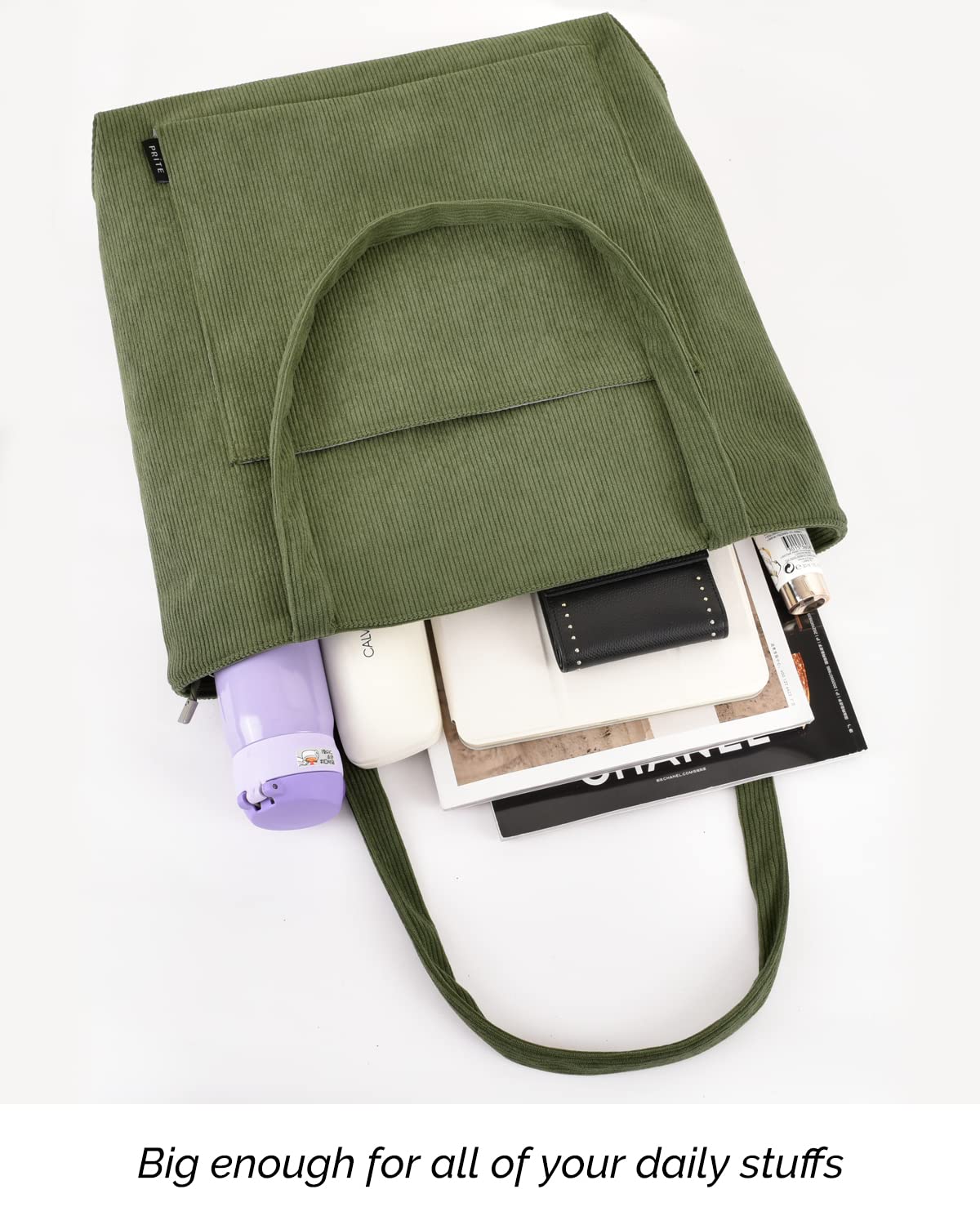 Prite Corduroy Tote Bag for Women Large Shoulder Bag with Zipper and Pockets for College Work Travel Shopping(Green)